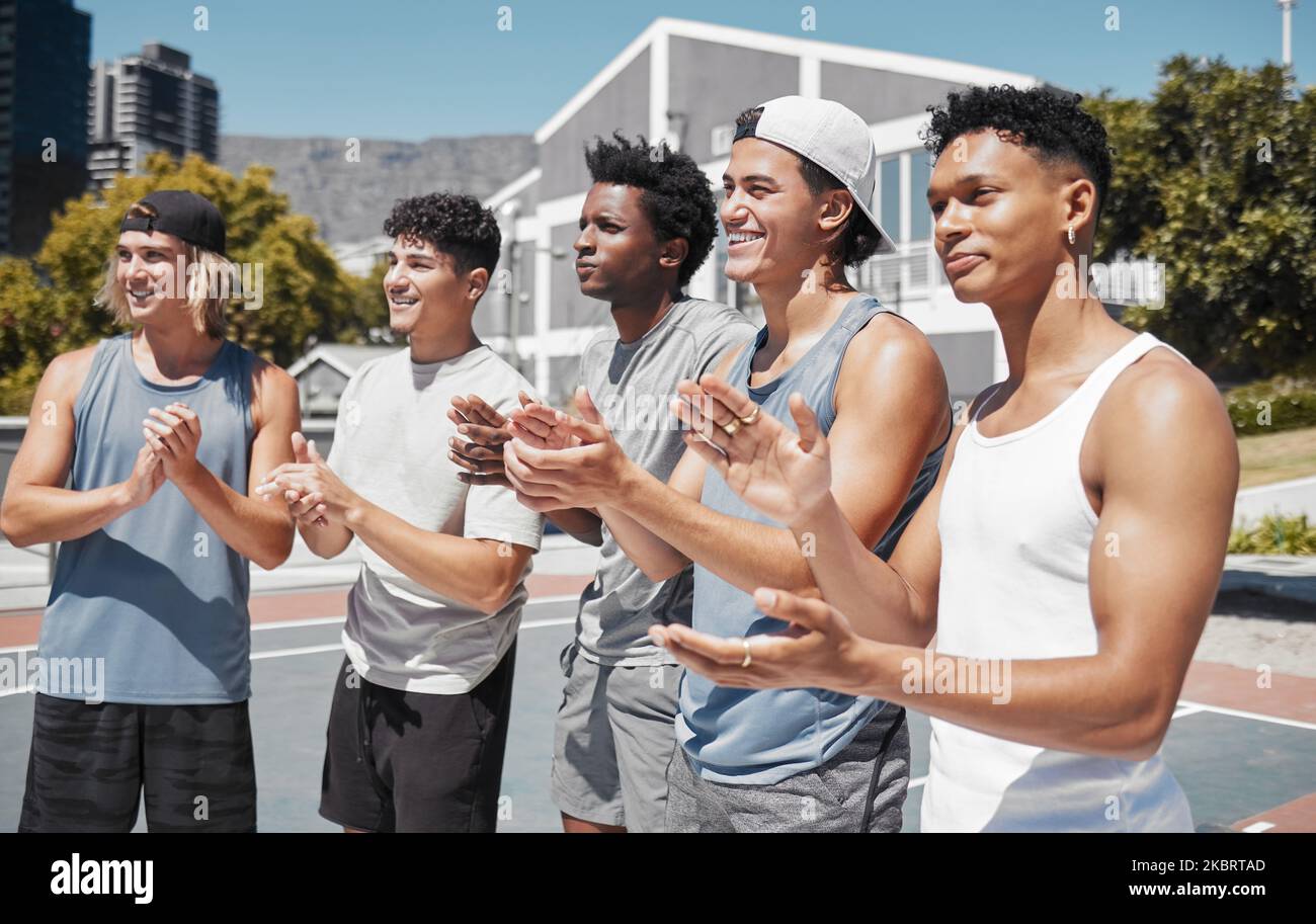 Basketball team, friends and applause of men for goal, support or ...