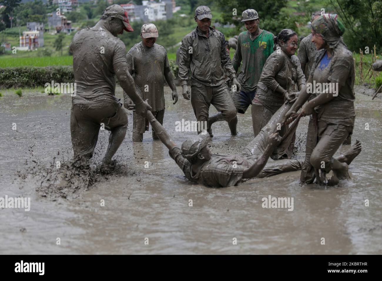 People play in the mud at the paddy field during the National Paddy Day ...