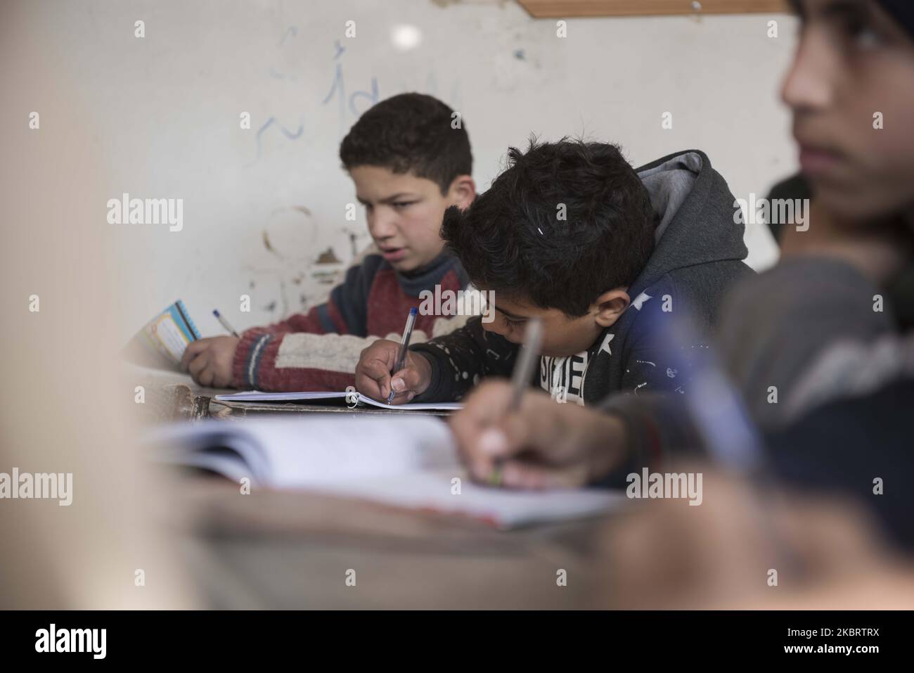 Group of kids at the school in Al-Mliha rural of Damascus on January 1 ...