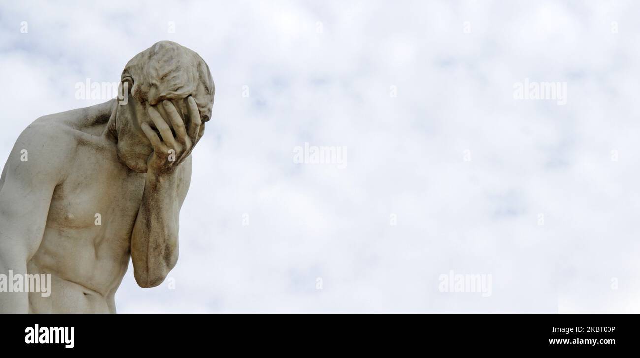 Facepalm - ashamed, sad, depressed. Statue with head in hand Stock ...