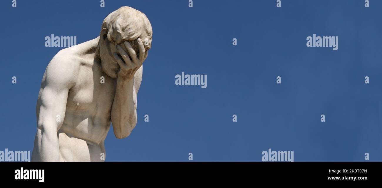 Facepalm - ashamed, sad, depressed. Statue with head in hand Stock ...