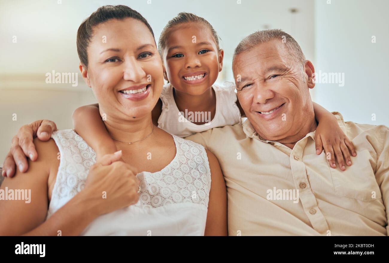 Family, children and grandparents with a girl happy to be spending time ...