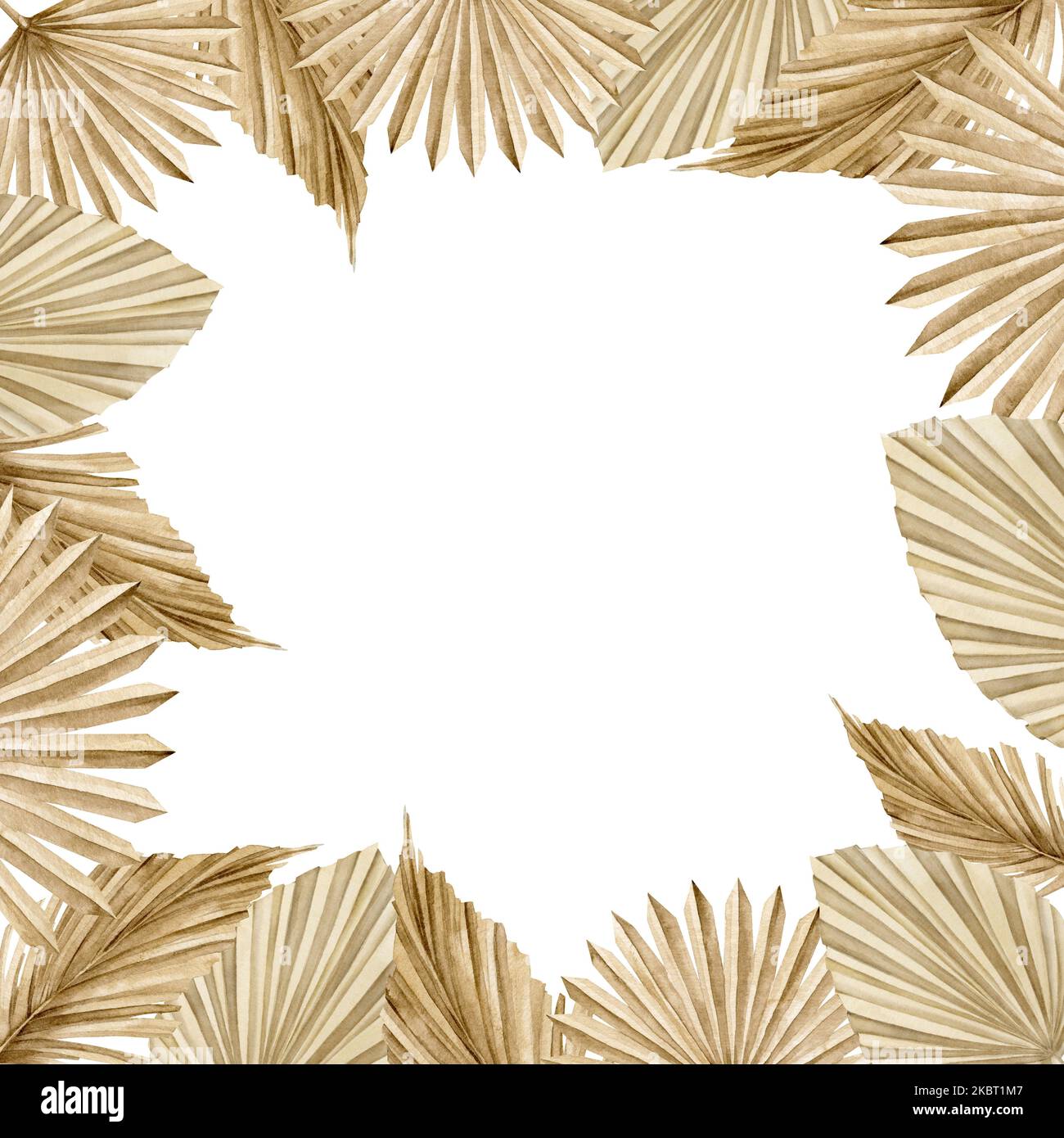 Floral square frame in boho style with dried Palm Leaves. Watercolor ...