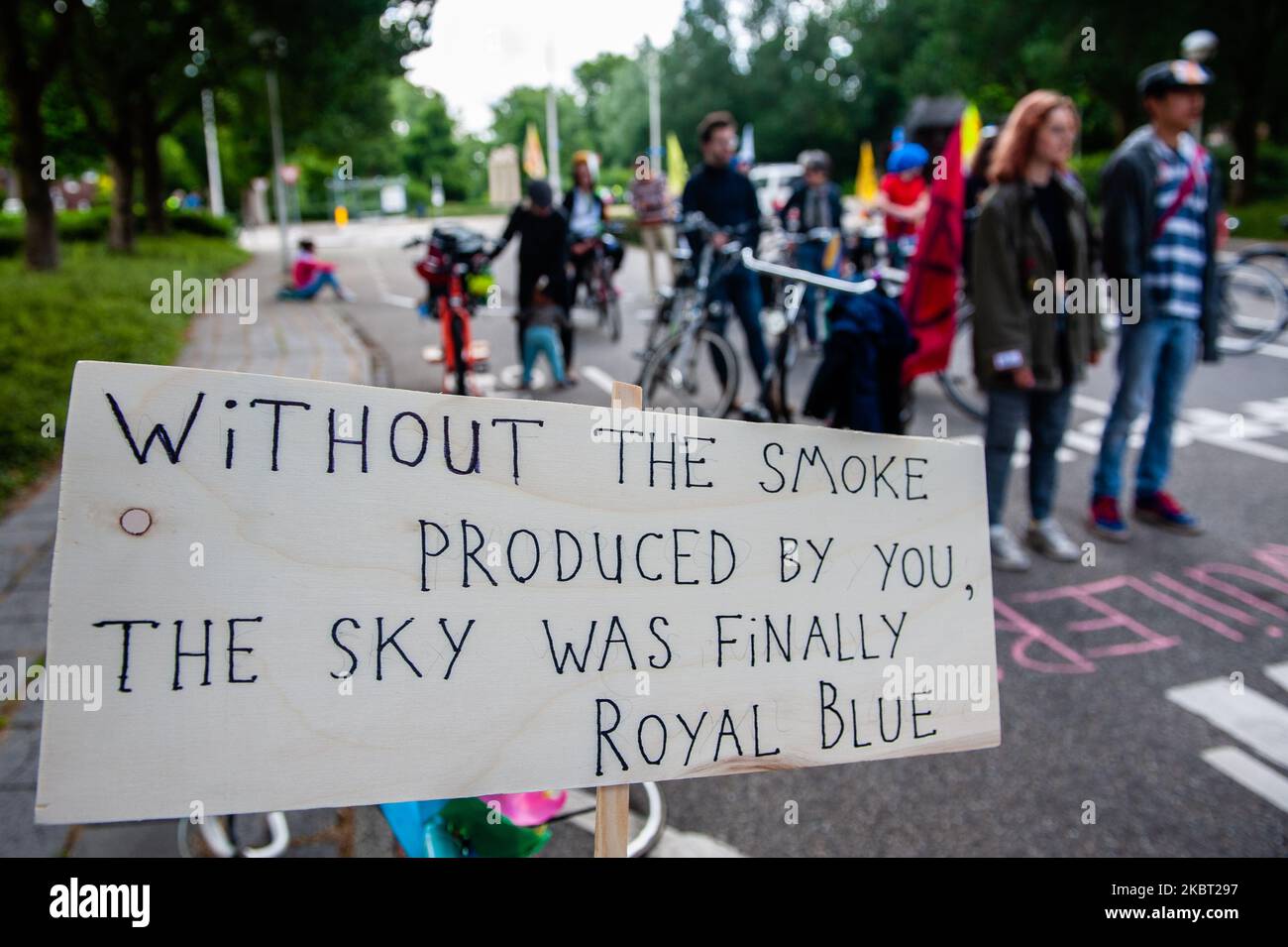A bike is decorating with a placard against KLM, during the Extinction ...