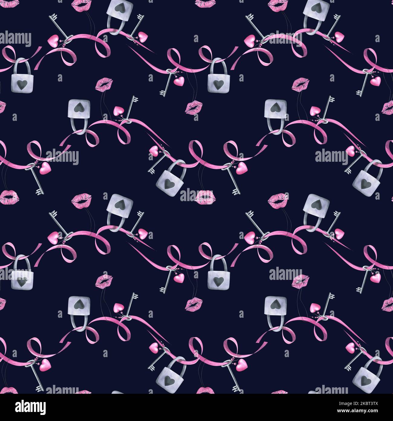 Ribbons with hanging locks, keys and kisses on a dark background ...