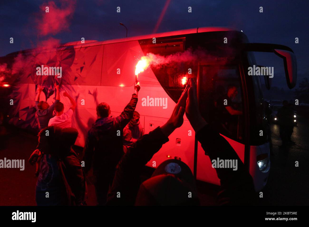 Fans of the Zenit team at Pulkovo Airport meet the team after arriving ...