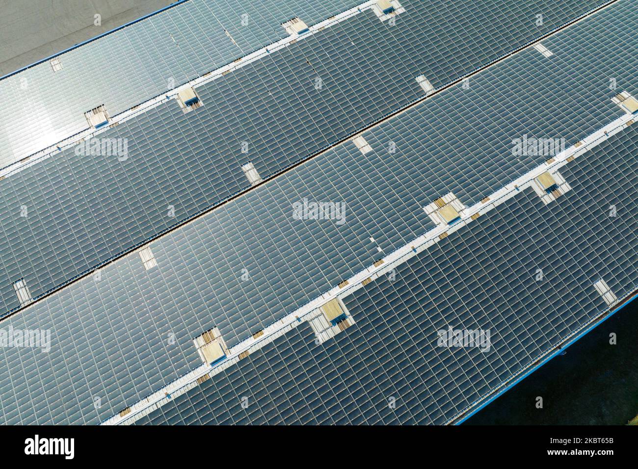 Aerial view of blue photovoltaic solar panels mounted on industrial ...