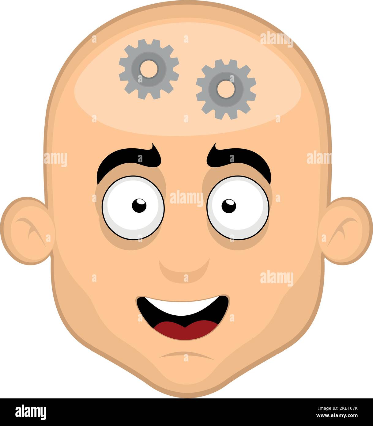 Vector illustration of the face of a cartoon bald character with gears ...