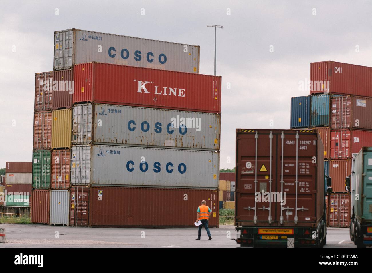 General view of containers at a loading terminal in the port of Cologne ...