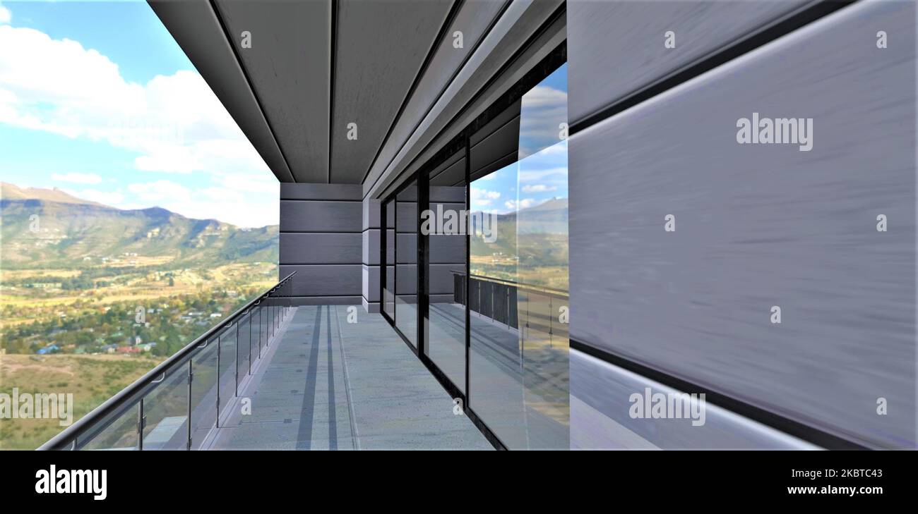 The concept of an advanced balcony with a concrete floor and walls ...