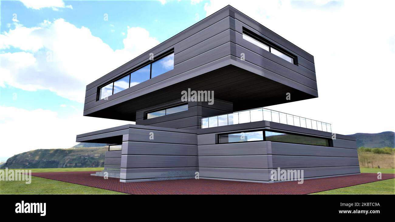 Near post-apocalyptic future. High-tech country cottage. Composite ...