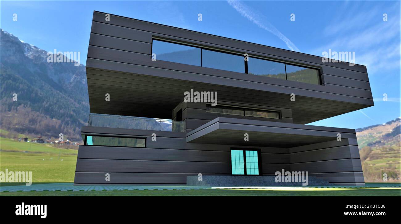 Elite futuristic cottage in the mountains. View of a stylish porch with ...