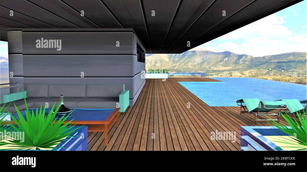 Wooden terrace with a swimming pool on the roof of a mountain cottage ...