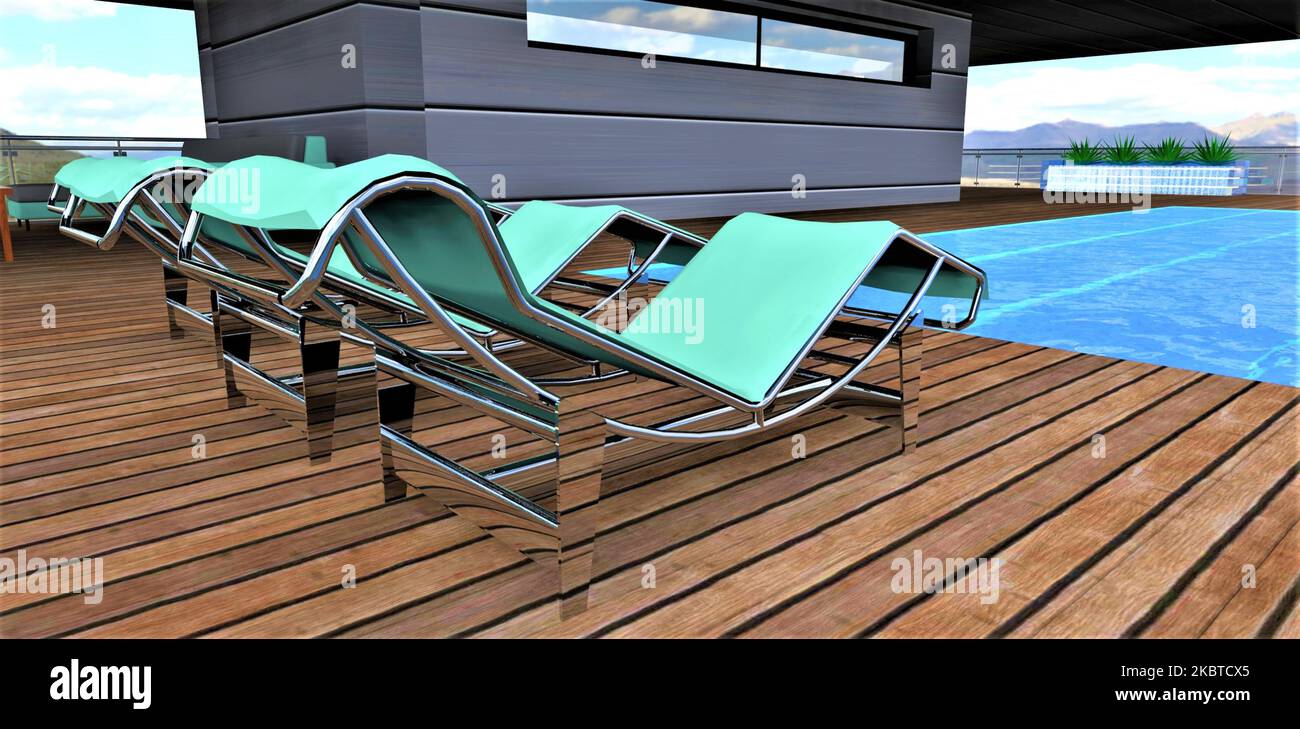 Three jade lounge chairs with a chrome frame reflective wood decking by ...