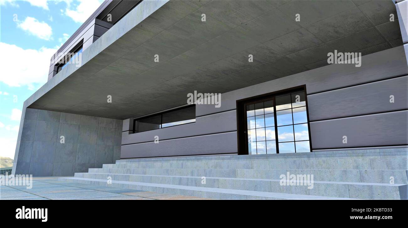 Porch design in high-tech style. Flat rectangular visor. Wide concrete ...
