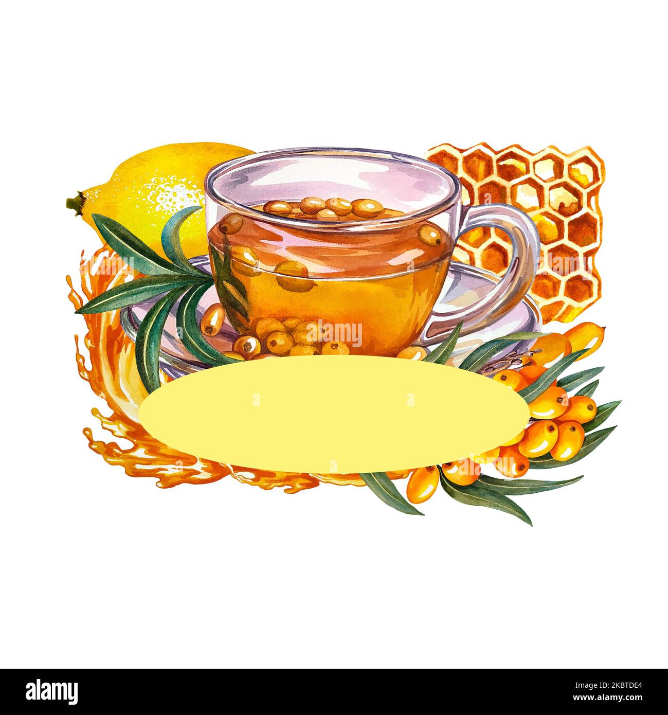 Sea buckthorn tea. Glass cup with vitamin tea, lemon and honey ...