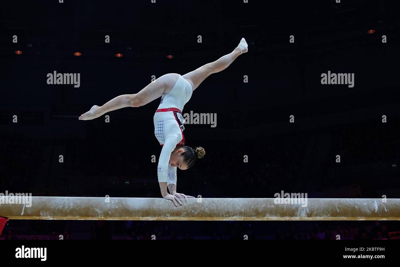 France's Carolann Heduit performs on the beam during day six of the FIG ...