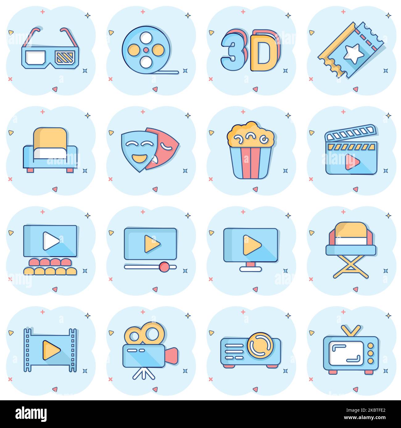 Cinema line icons in comic style. Entertainment set cartoon vector ...