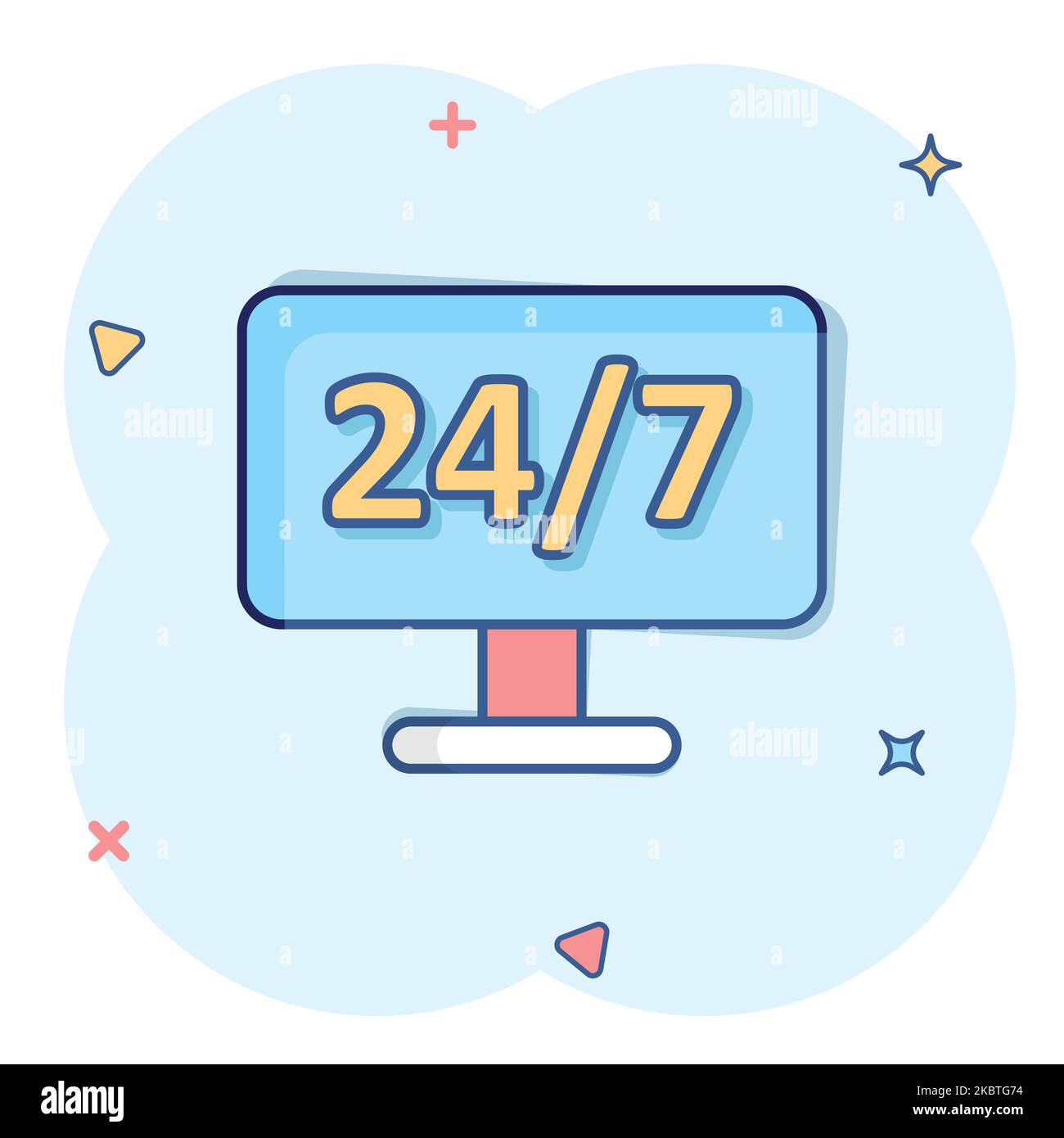24/7 computer icon in comic style. All day service cartoon vector ...