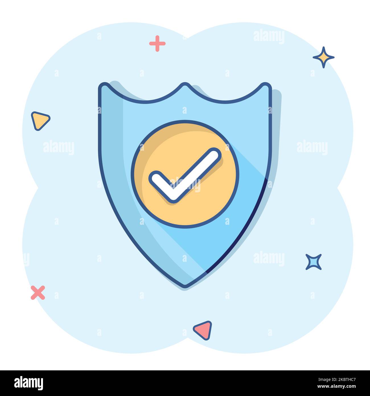 Shield with check mark icon in comic style. Protect cartoon vector ...