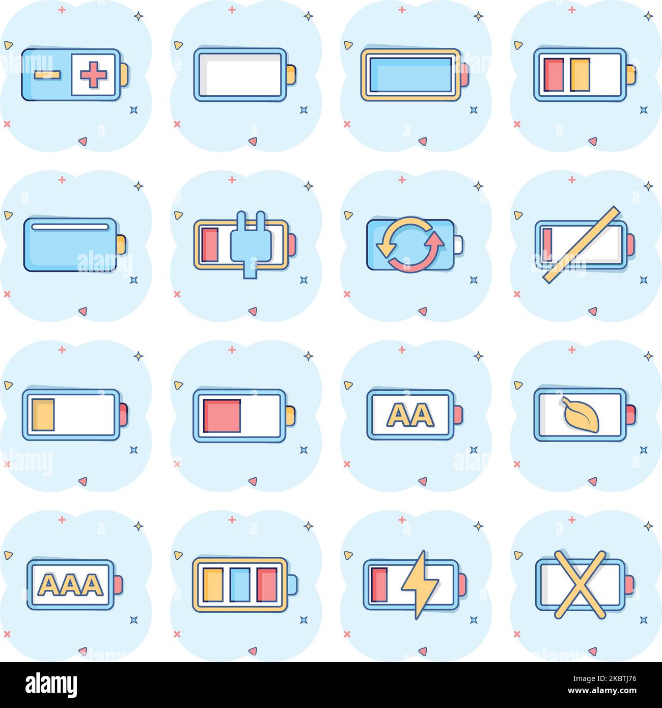 Battery charge icon set in comic style. Power level cartoon vector ...