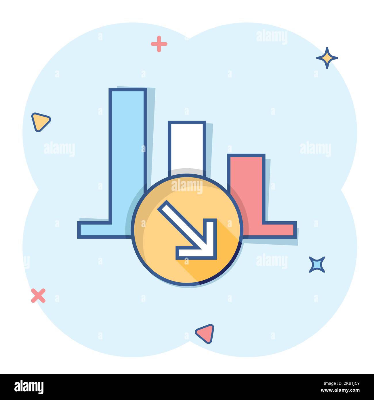 Market trend icon in comic style. Decline arrow with magnifier cartoon vector illustration on ...