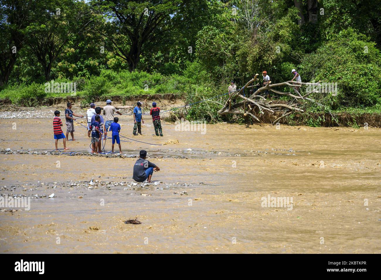Farmers work together to cut down trees to straighten abrasion-flowing ...