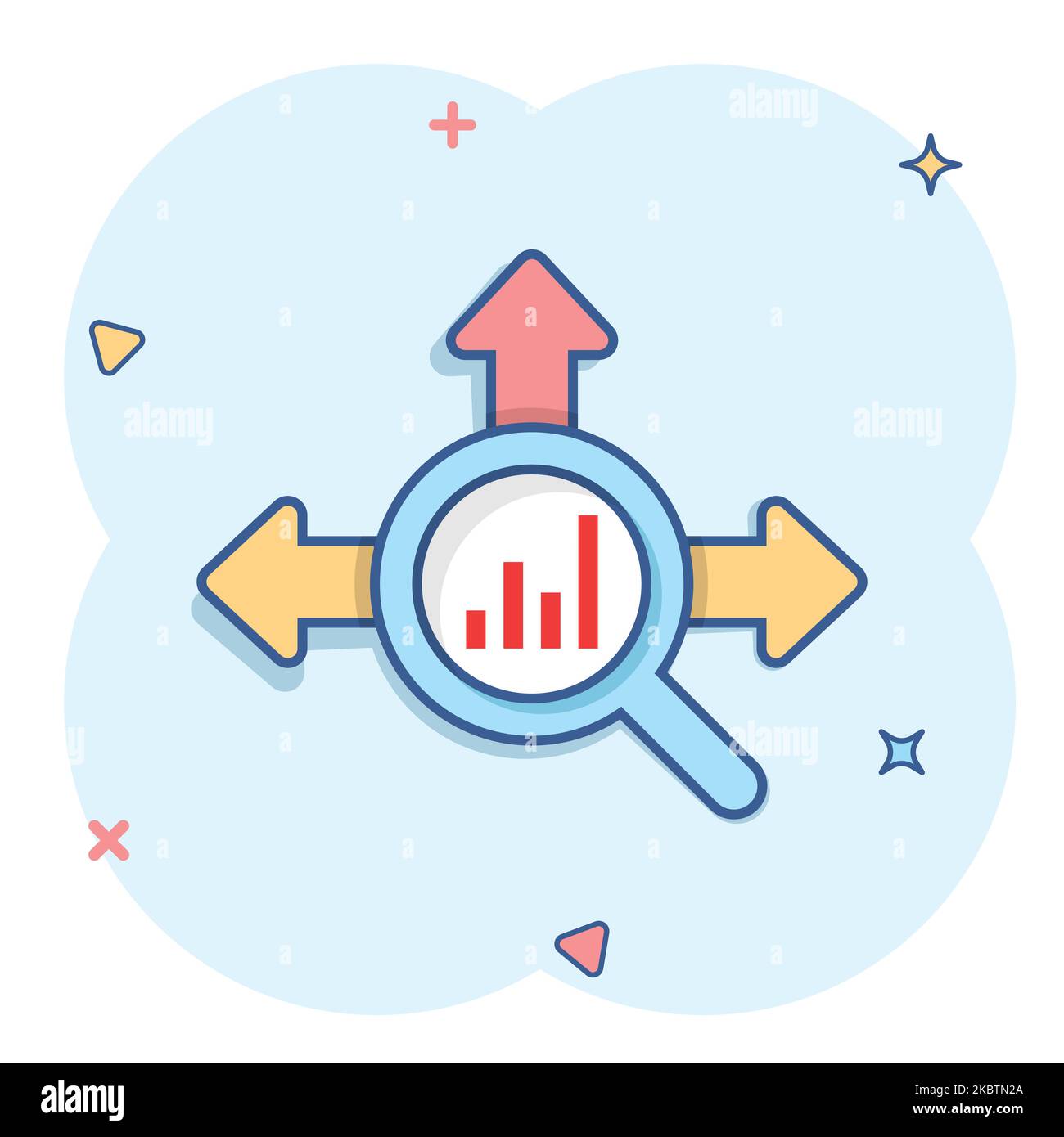 Market trend icon in comic style. Growth arrow with magnifier cartoon ...