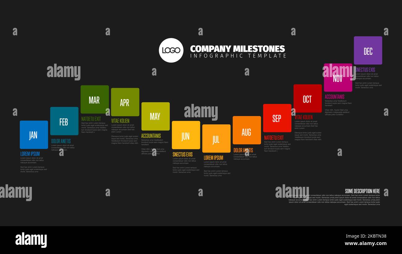 Full year timeline template with all rainbow colored months on a ...
