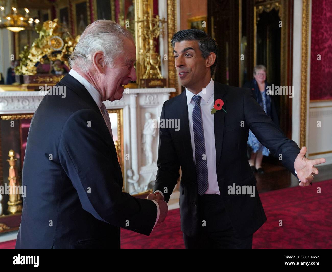 King Charles III greets Prime Minister Rishi Sunak, during a reception ...