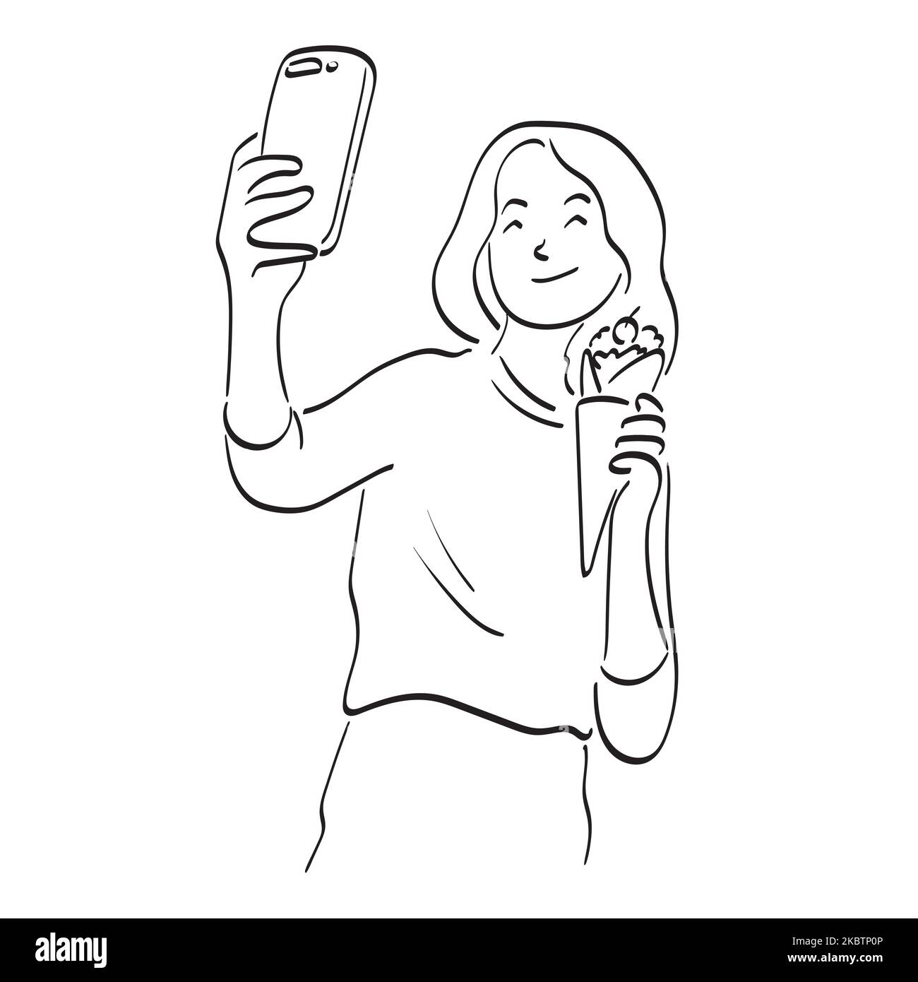 line art woman taking selfie with ice cream illustration vector hand ...