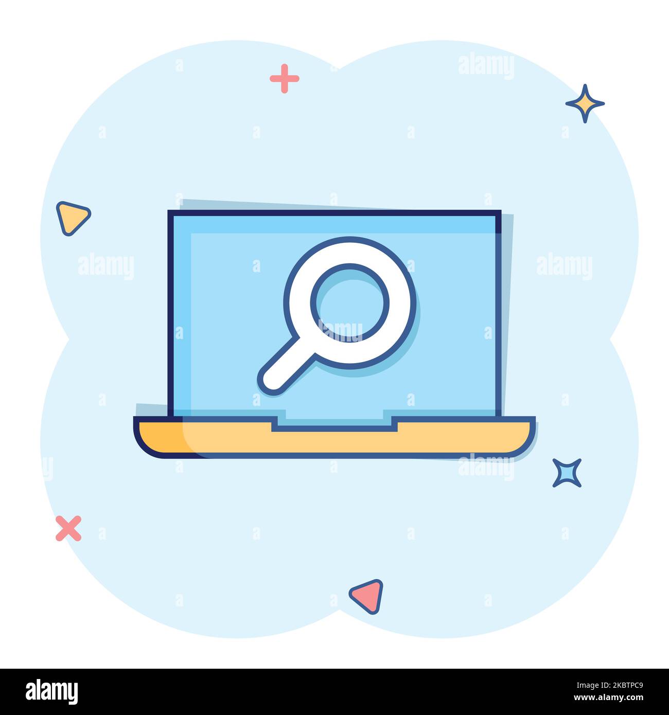 Computer search icon in comic style. Laptop with magnifying glass ...