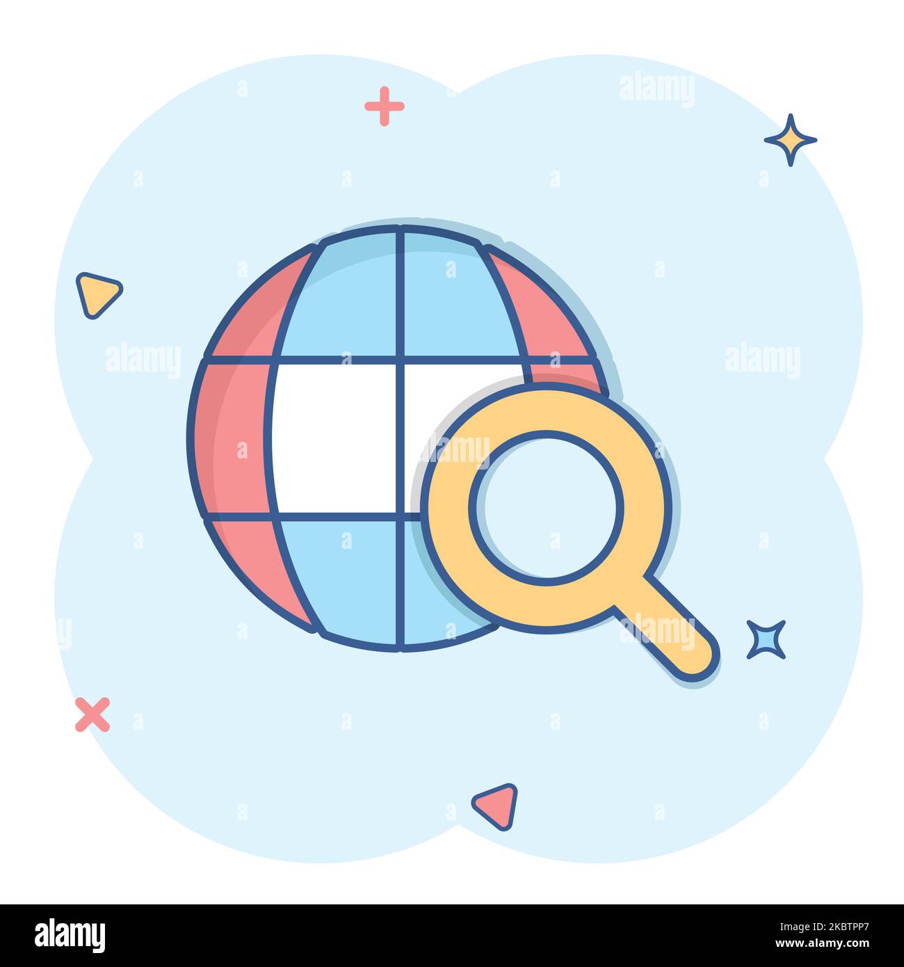 Globe search icon in comic style. Network navigation cartoon vector illustration on white ...