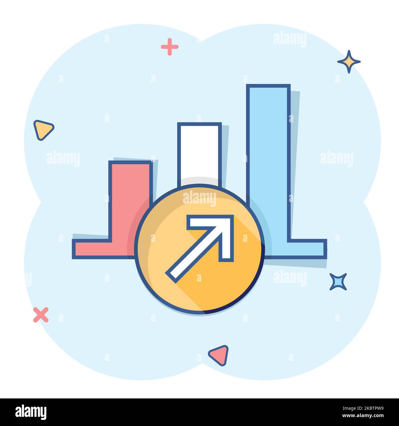 Market trend icon in comic style. Growth arrow with magnifier cartoon ...
