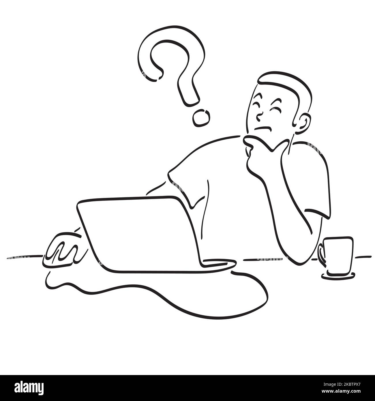 line art man thinking at his working desk with his laptop computer ...