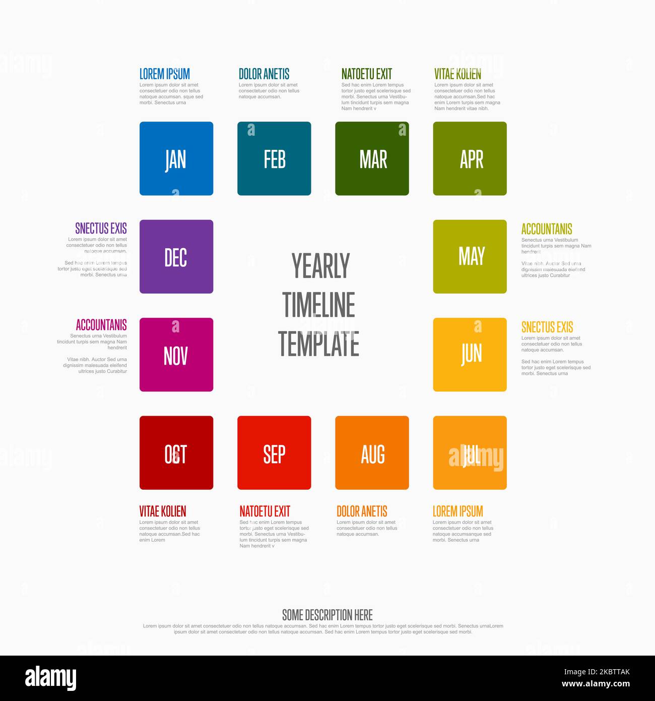 Full year timeline template with all rainbow colored months as squares ...