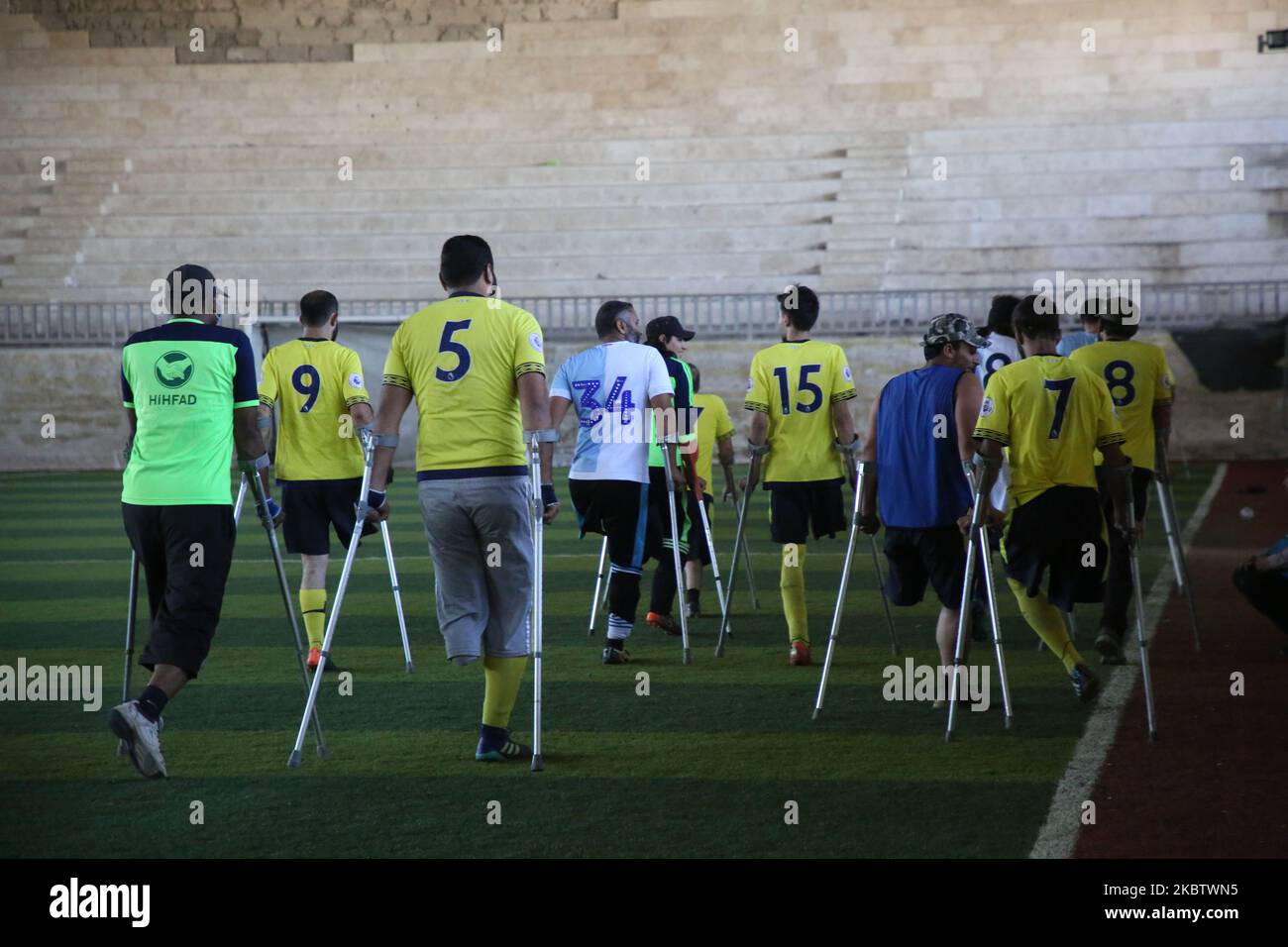 Amputated Syrian youth take part in a soccer training session at a ...