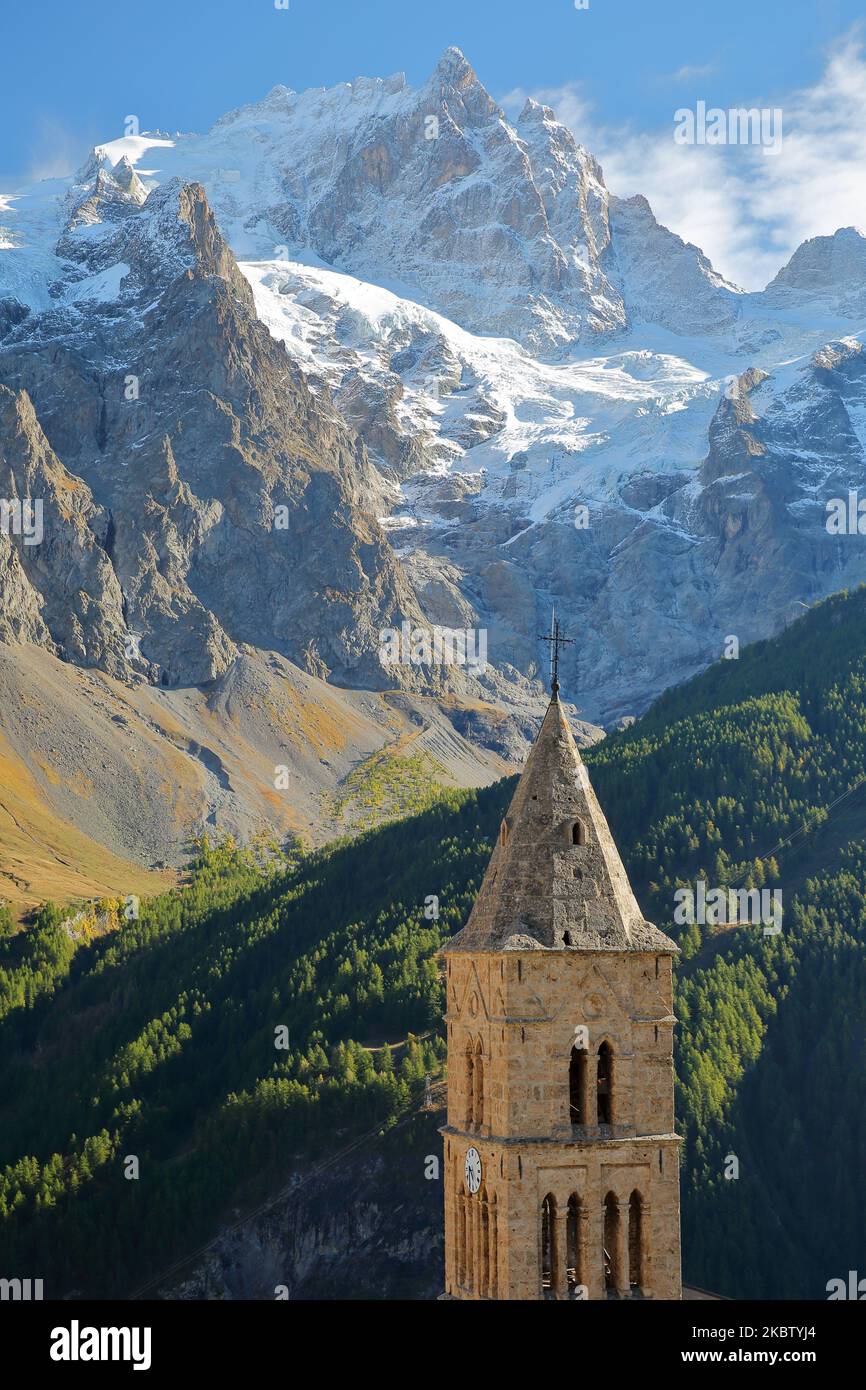 The Meije Peak viewed from Les Terrasses village in Ecrins National ...