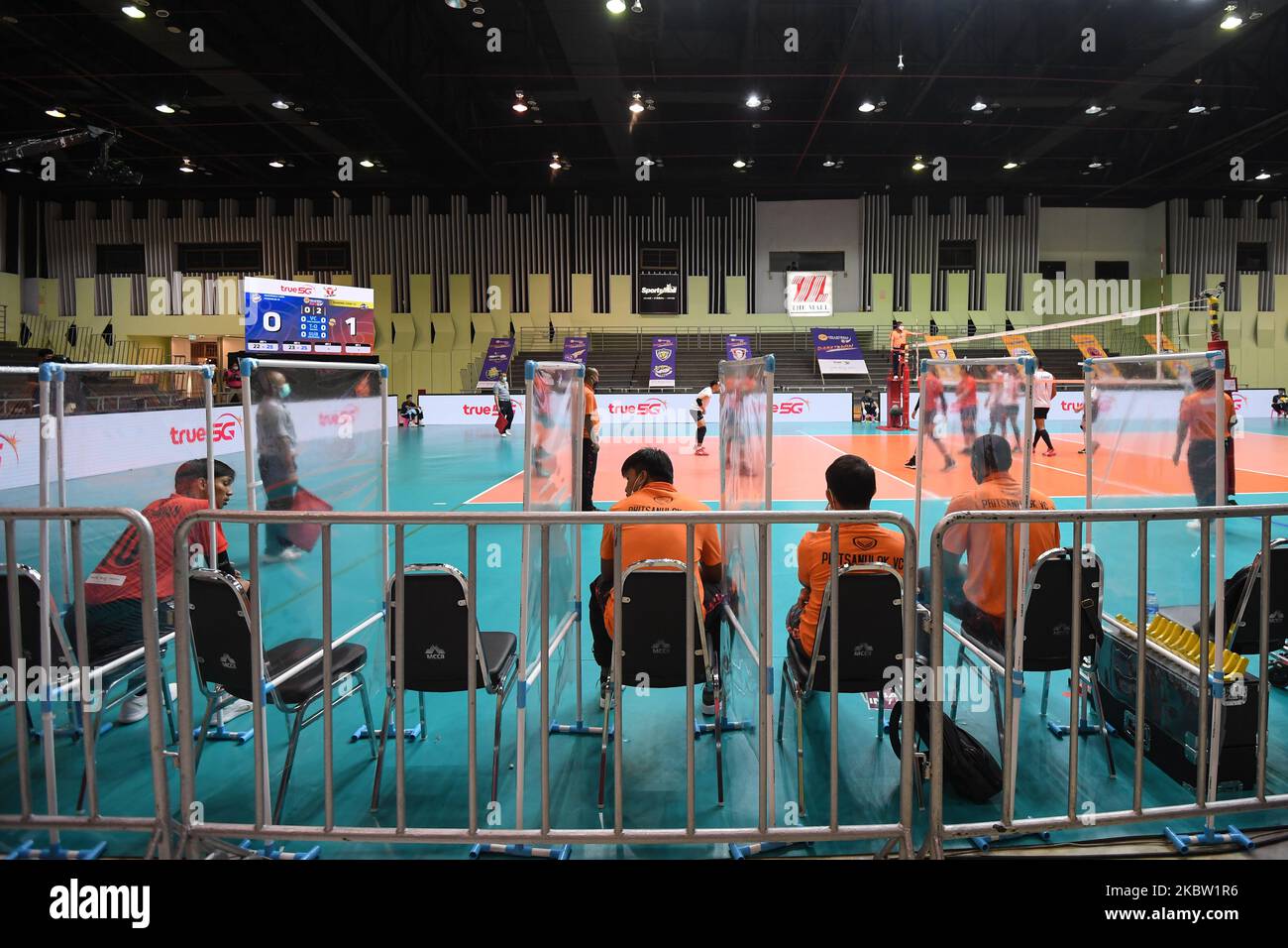 A generic view of seen is plastic sheets set up at a team bench as ...