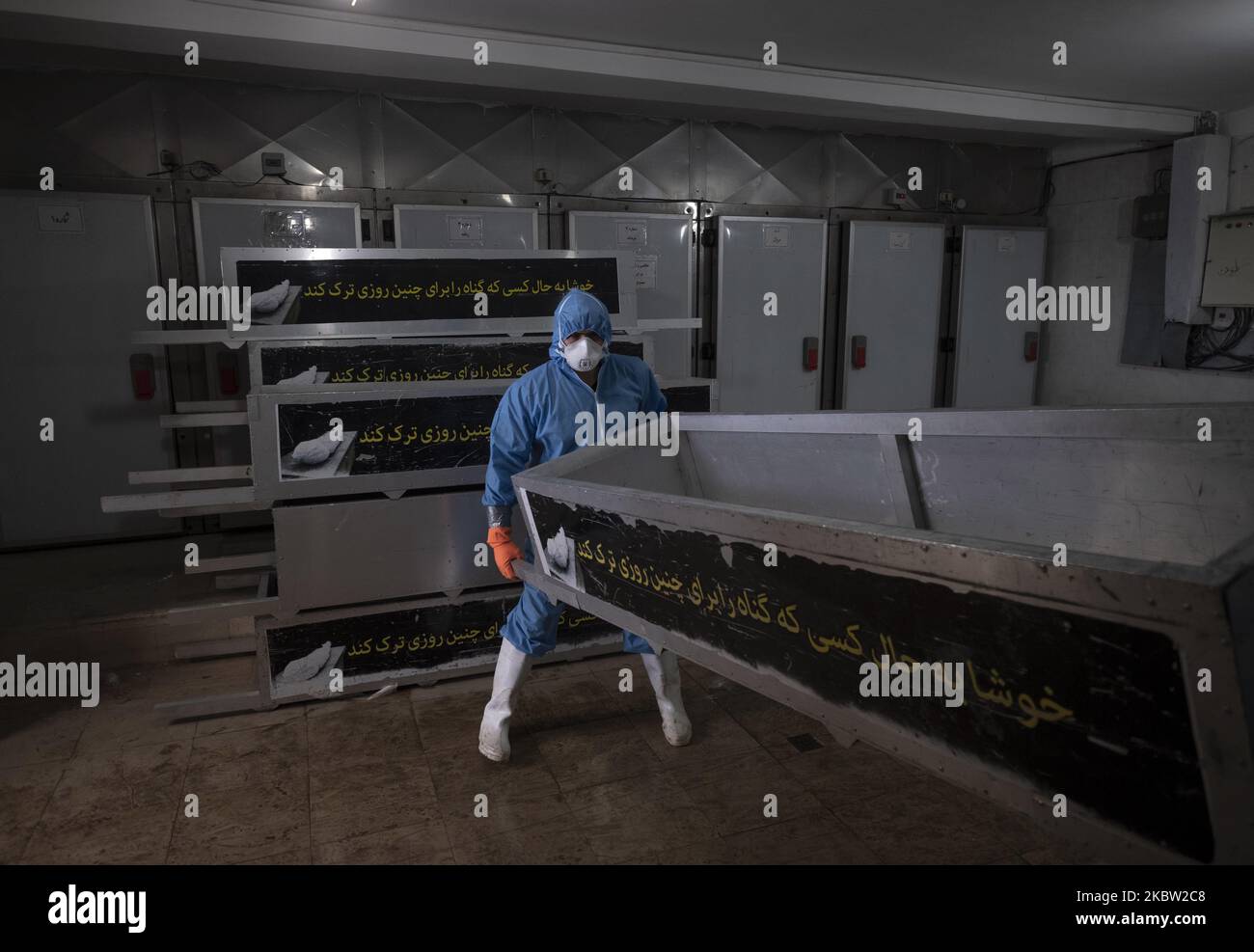A cemetery worker in a protective suit carrying a body-container while ...