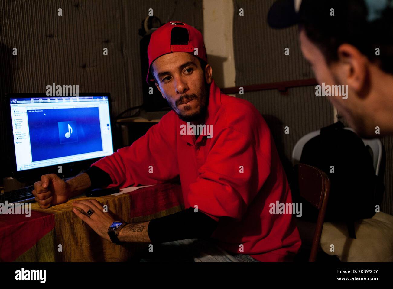 Tunis, Tunisia, 8 December 2013. Young rappers in an associative studio ...