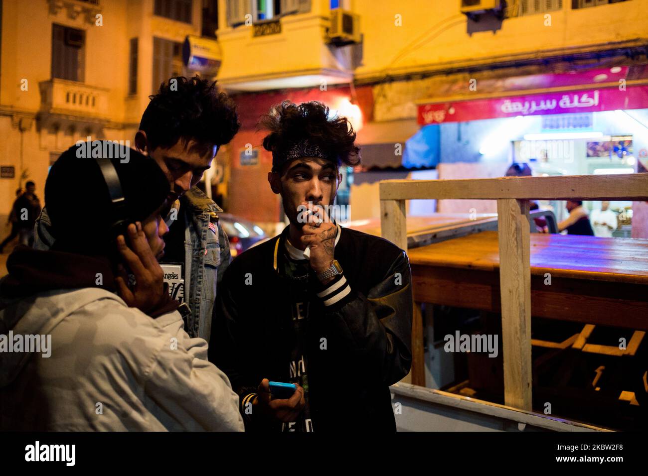 Tunis, Tunisia, 24 October 2015. A group of rappers hang out in a ...