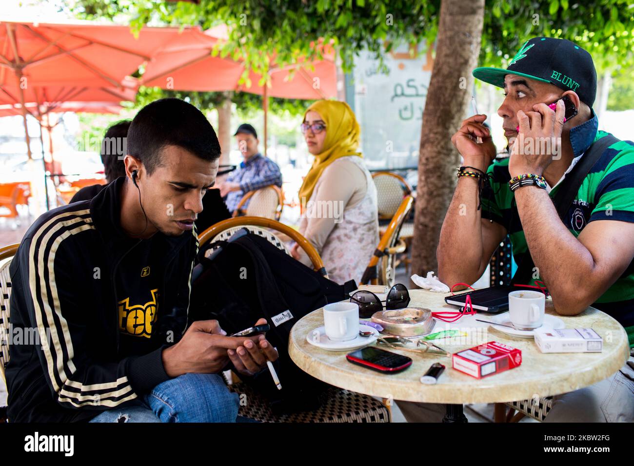 Tunis, Tunisia, 27 May 2015. Rappers get together in a cafe to listen ...