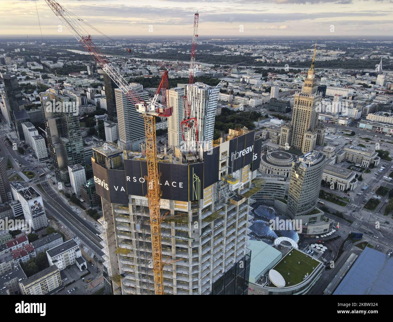 An aerial view is seen of the city center with the Varso tower under ...