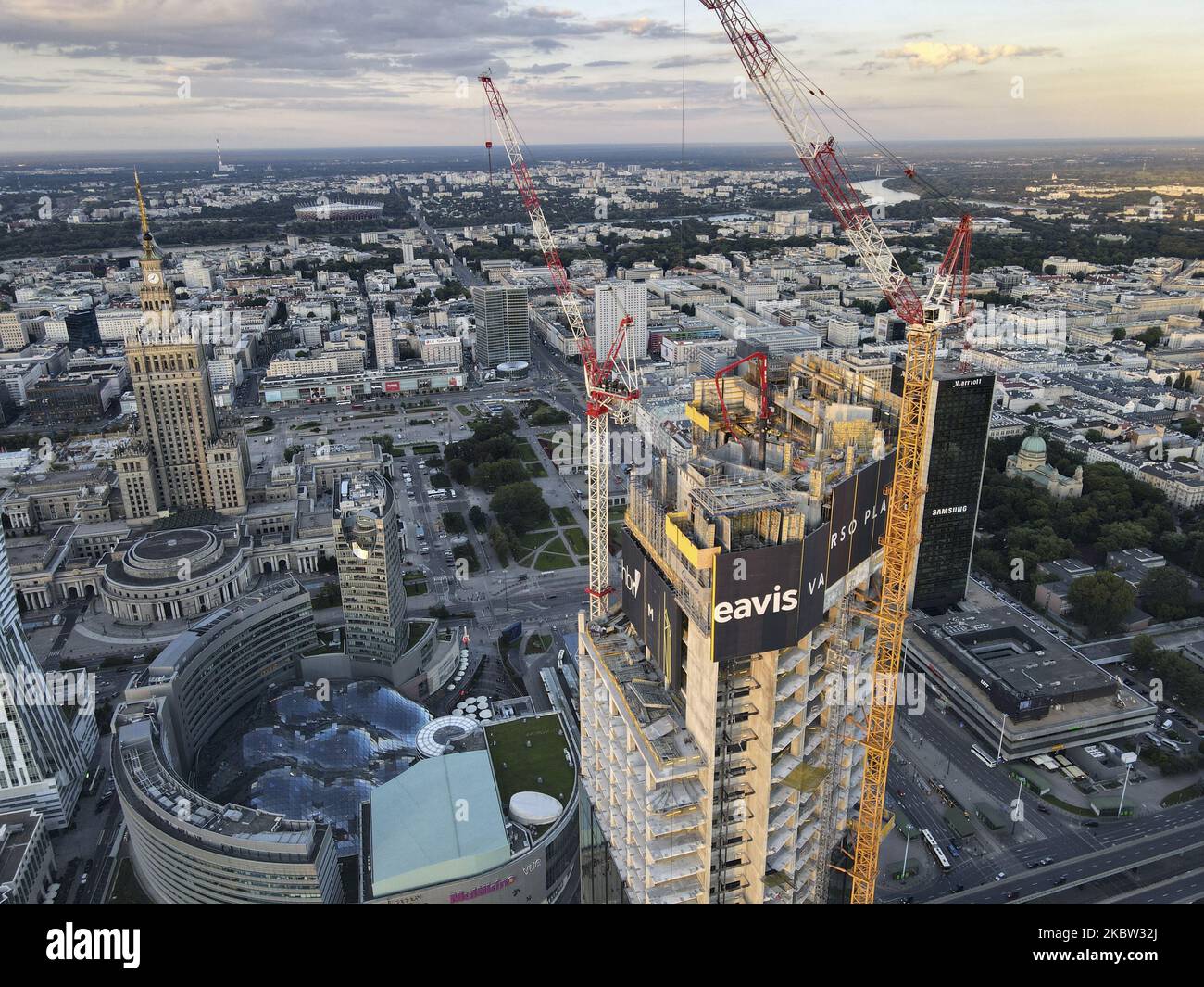 An aerial view is seen of the city center with the Varso tower under ...