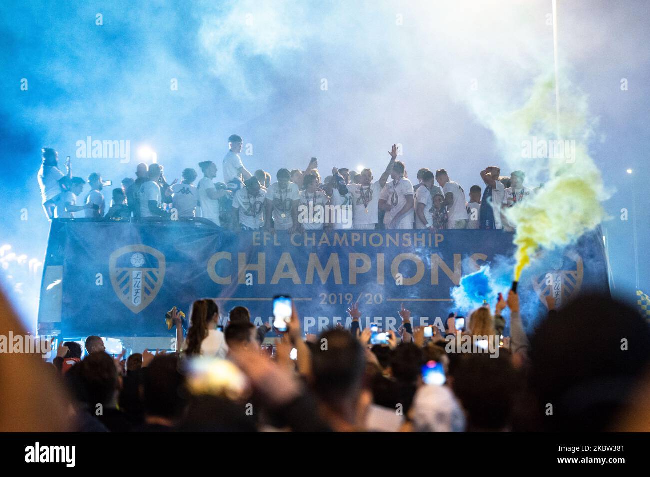 Leeds united fans celebrate promotion to the premier league outside ...