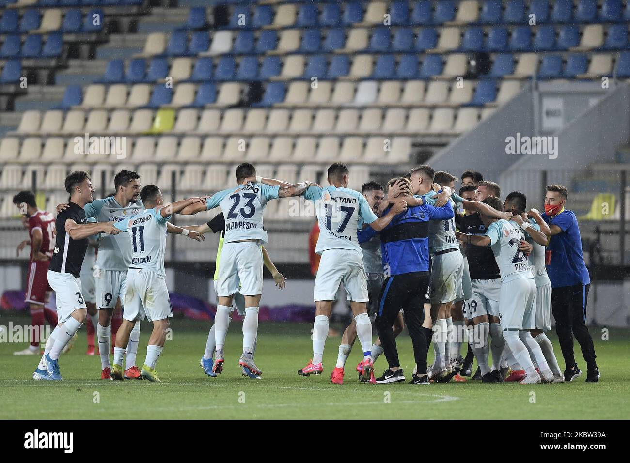 Dennis Man, Adrian Petre and Darius Olaru of FCSB celebrate during the ...