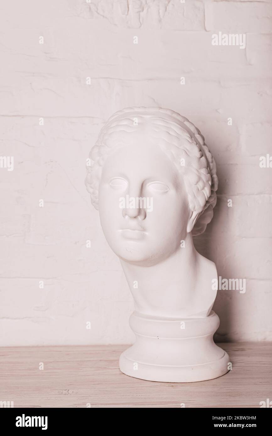 Plaster head of the statue against the background of a white brick wall ...