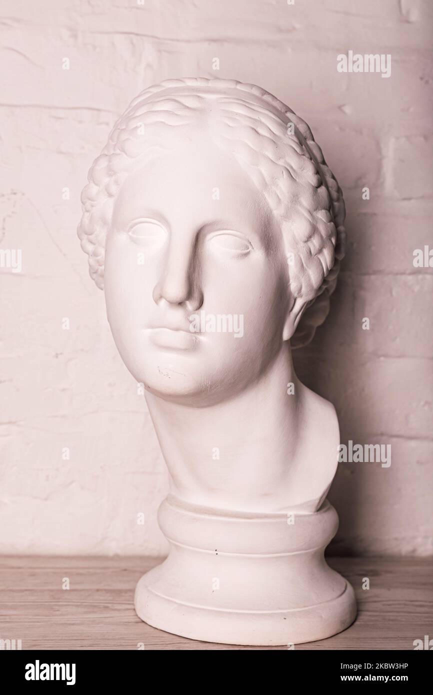 Plaster head of the statue against the background of a white brick wall ...