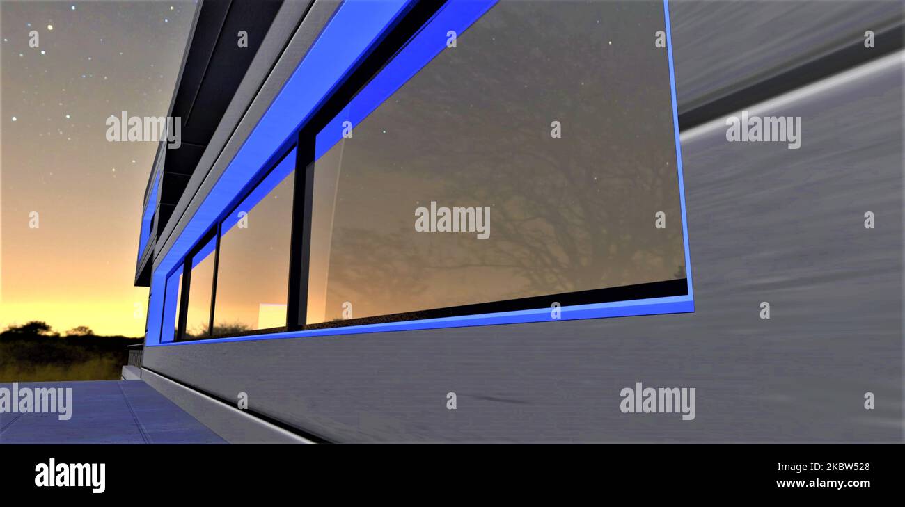 Elongated panoramic window illuminated with blue light. Reflection of ...